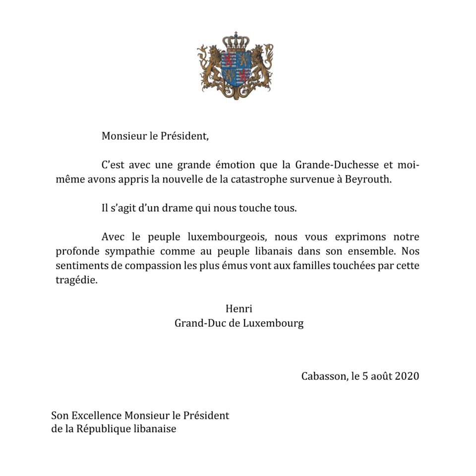 Beirut explosions: Grand Duke Henri conveys condolences to Lebanon's ...